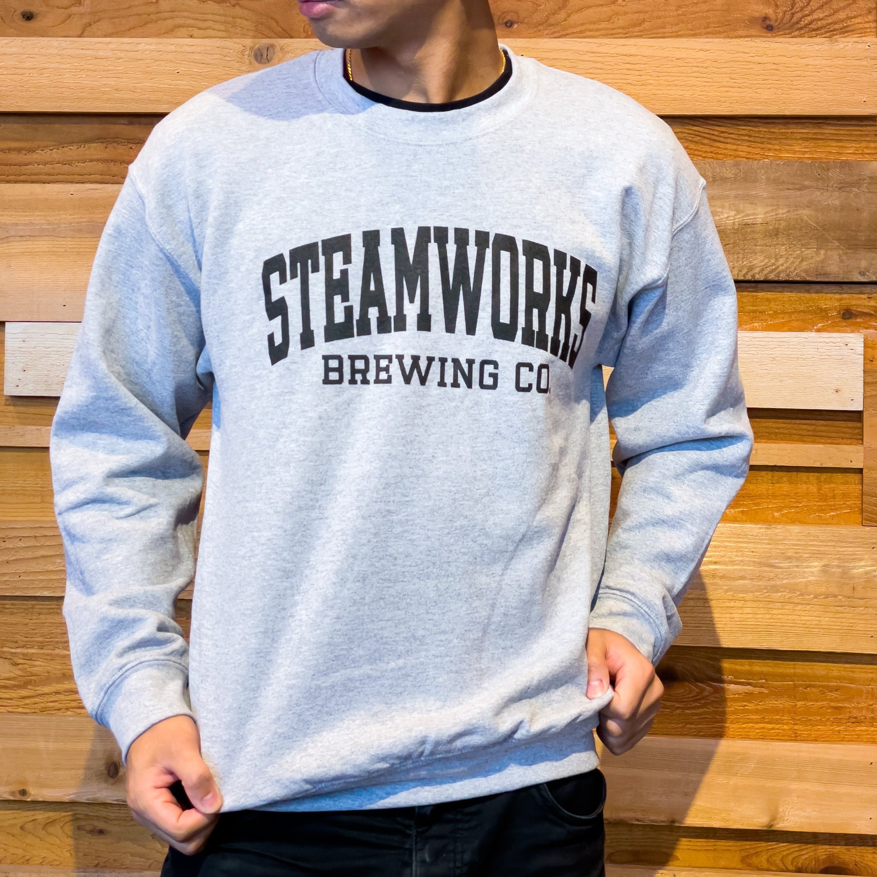 Crew Neck - Light Grey Black Letters Varsity | Steamworks Taproom Burnaby