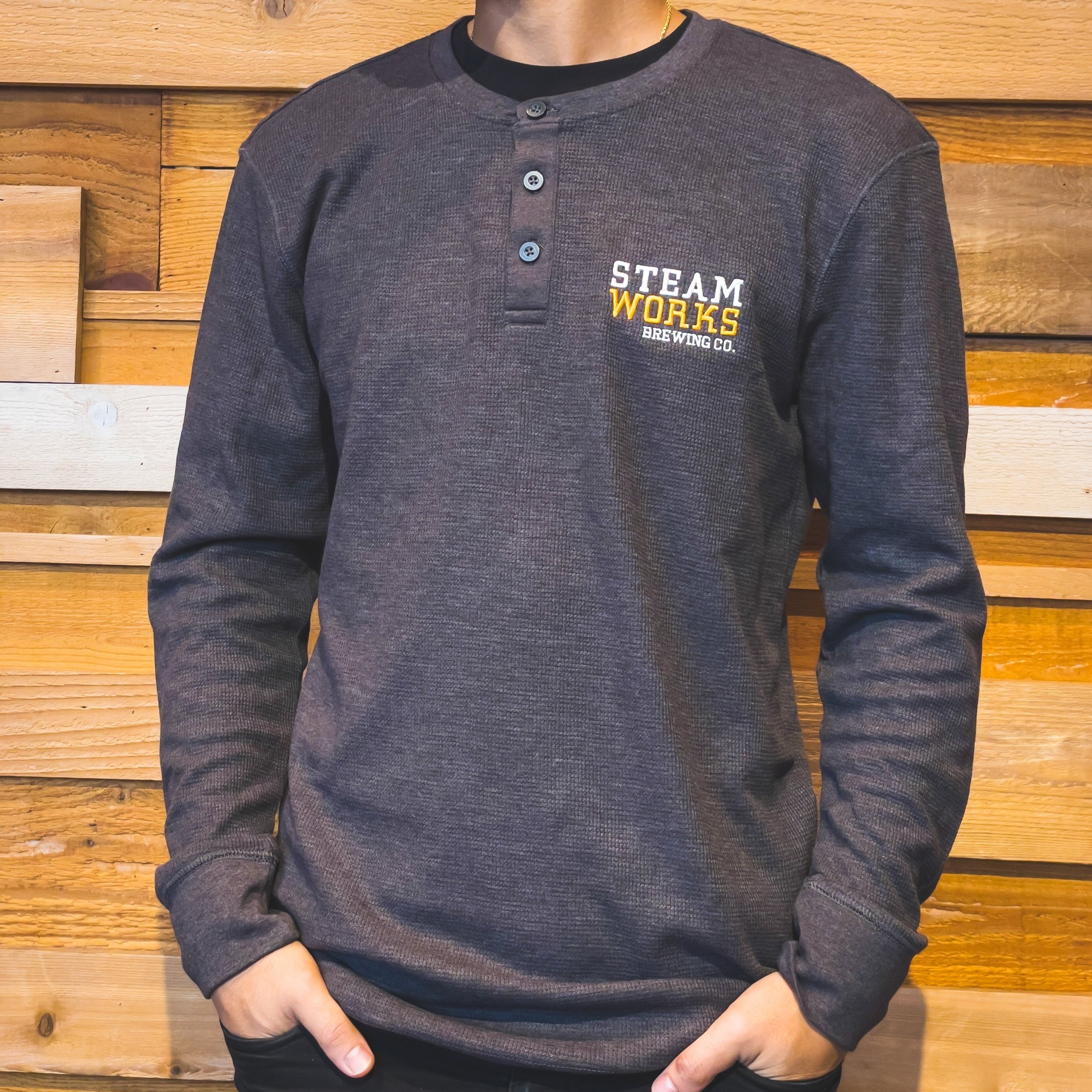 Long Sleeve - Dark Grey Men's Henley | Steamworks Taproom Burnaby